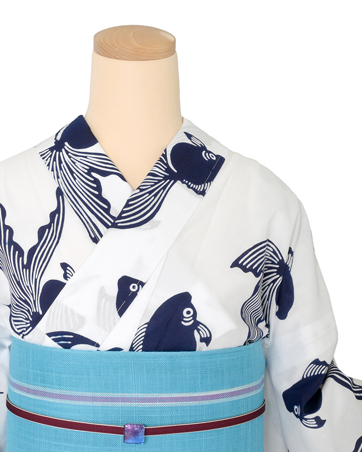 浴衣レンタル【竺仙】 金魚 コーマ白地 藍 Y026｜京都きもの市場 着物宅配レンタル